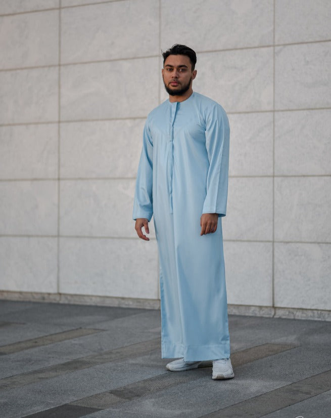 Sky Blue Silky Emirati Thobe – Arewa Collections